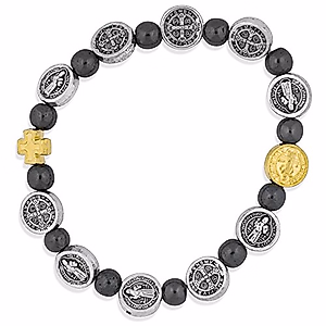 Saint Benedict Stretch Bracelet with Genuine Hematite Beads Made in Italy