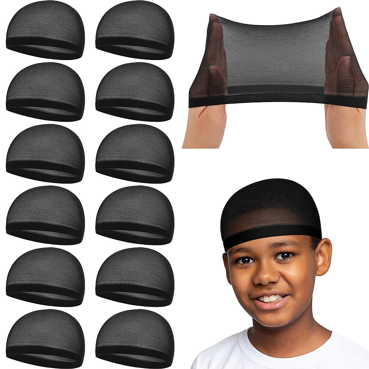 Toulite 12 Pcs Kids Stocking Wave Cap Stretchy Skull Cap Kids Wig Hats Baby Beanie Stretchy Stocking Hats(Black)
