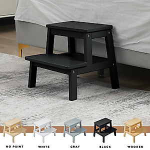 HOUCHICS Wooden Step Stool for Adults Kids, Solid Wood Bed Step Stool, Multi-Purpose 2-Step Stool for Kitchen, Bed, Bathroom with 260lb Load Capacity Black