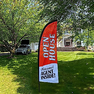 QSUM Open House Flag for Real Estate Agents, Open House Signs with Pole Kit/Ground Stake, Windless Open Banner for Business/Advertising/Open House Events (Red)