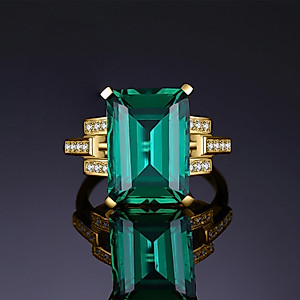 JewelryPalace Emerald Cut 6ct Simulated Emerald Solitaire Cocktail Rings for Women, Green Gemstone 925 Sterling Silver 14k Yellow Gold Plated Ring, Gemstone Ring for Women Jewelry Set 9