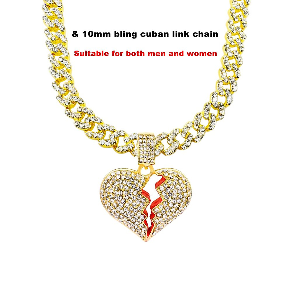 HH BLING EMPIRE Iced Out Broken Heart Chain Necklace for Men Women, Silver Gold Heart Pendant with Rope | Tennis | Cuban Link Chains, Hip Hop Rapper Chain Necklaces (Gold Heart A & Rope)