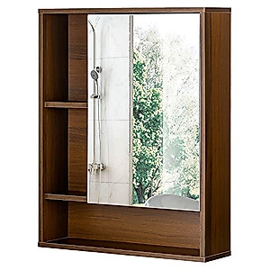 ChooChoo Bathroom Wall Mirror Cabinet, Medicine Cabinet with Single Door and Adjustable Shelf, Over The Toilet Space Saver Storage Cabinet, Walnut