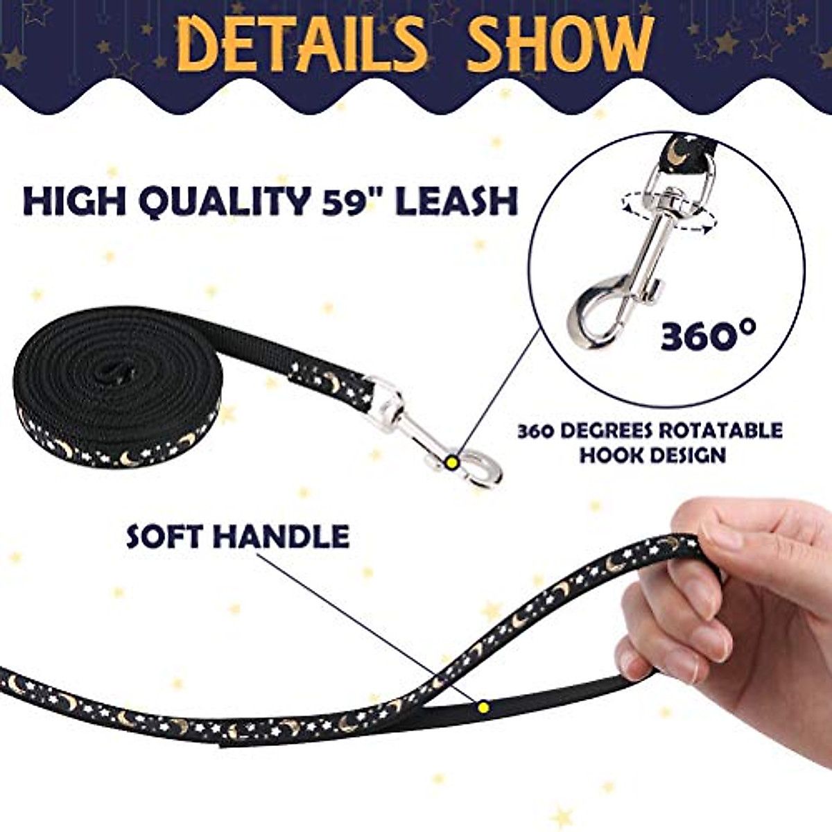 PAWCHIE Cat Harness and Leash Set - Adjustable Soft Escape Proof H-shped Safety Strap with Golden Moon and Star Pattern Glow in The Dark for Pet Cats Outdoor Walking