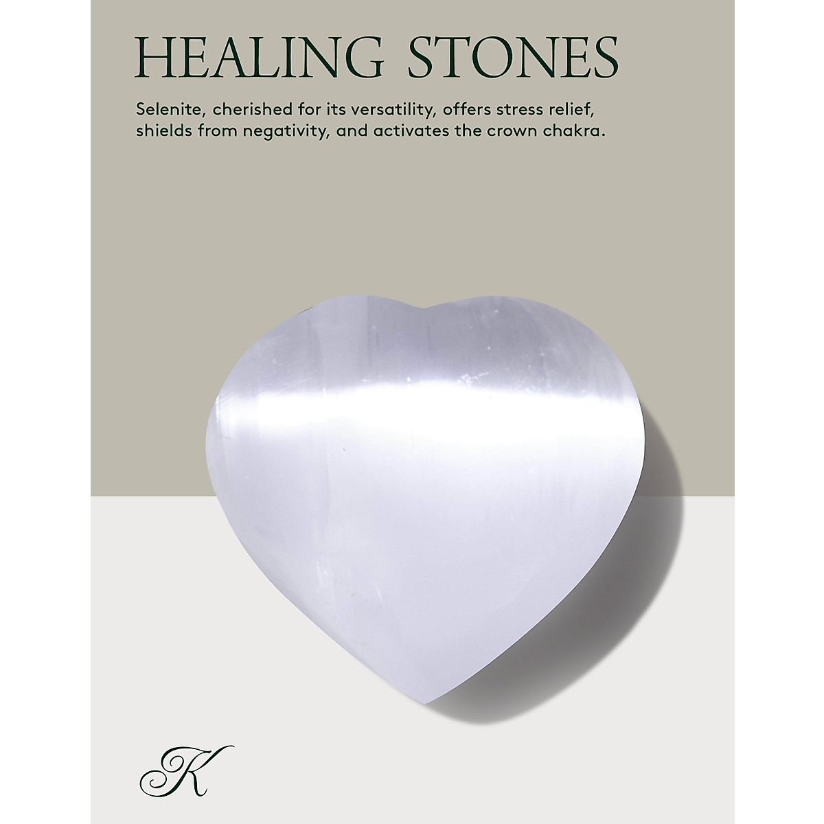 KALIFANO Selenite Heart Worry Stone with Healing & Calming Effects - High Energy Selenita/Satin Spar Love Palm Stone Used for Cleansing and Protection (Information Card Included)