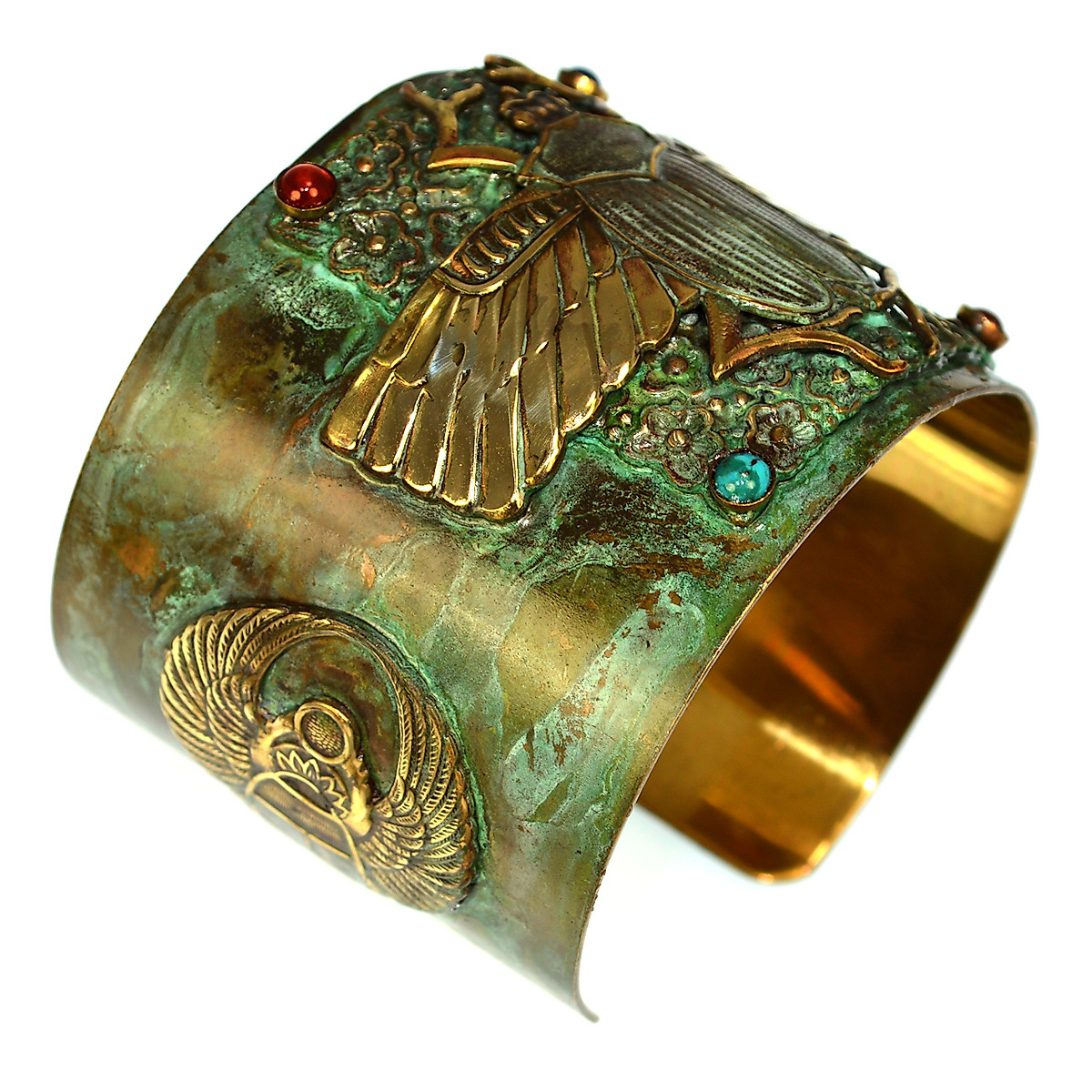 Elaine Coyne Collectible Artwear Patina Brass Egyptian Scarab Motif Wide Cuff Bracelet - Carnelian, Navy Onyx, Turquoise