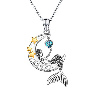 CHENGHONG Mermaid Necklaces 925 Sterling Silver Mermaid Crescent Moon Star Necklace for Women Little Mermaid Sea Jewelry Gifts for Women