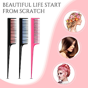 Leinuosen 3 Pcs Triple Teasing Comb Rat Tail Tool Tease Layers Pintail Comb for Women Back Root Teaser Adding Volume Structure Styling(Black and Red, Black and Blue, Pink and Black)