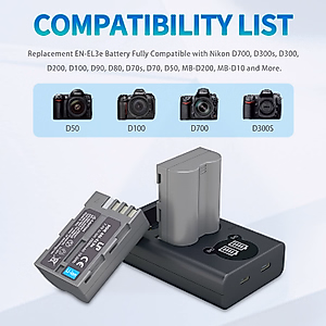 LP EN-EL3e Battery 2-Pack Dual USB Charger with Display for Nikon EN EL3e, EL3, EL3a, MH-18, MH-18a, MH-19, Compatible with Nikon D700, D300s, D300, D200, D100, D90, D80, D70s, D70, D50 & More