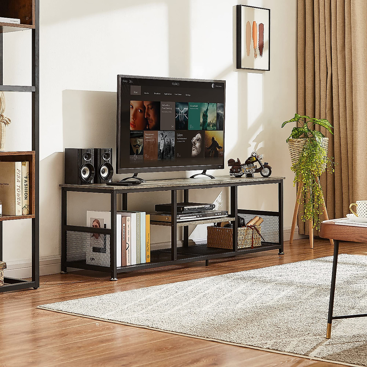 VECELO Industrial TV Stand for Televisions up to 65 Inch, 55" Entertainment Center with Open Storage Shelves for Living Room/Bedroom, 3 Tiers Media Console Table with Metal Frame, Grey, 55 Inches