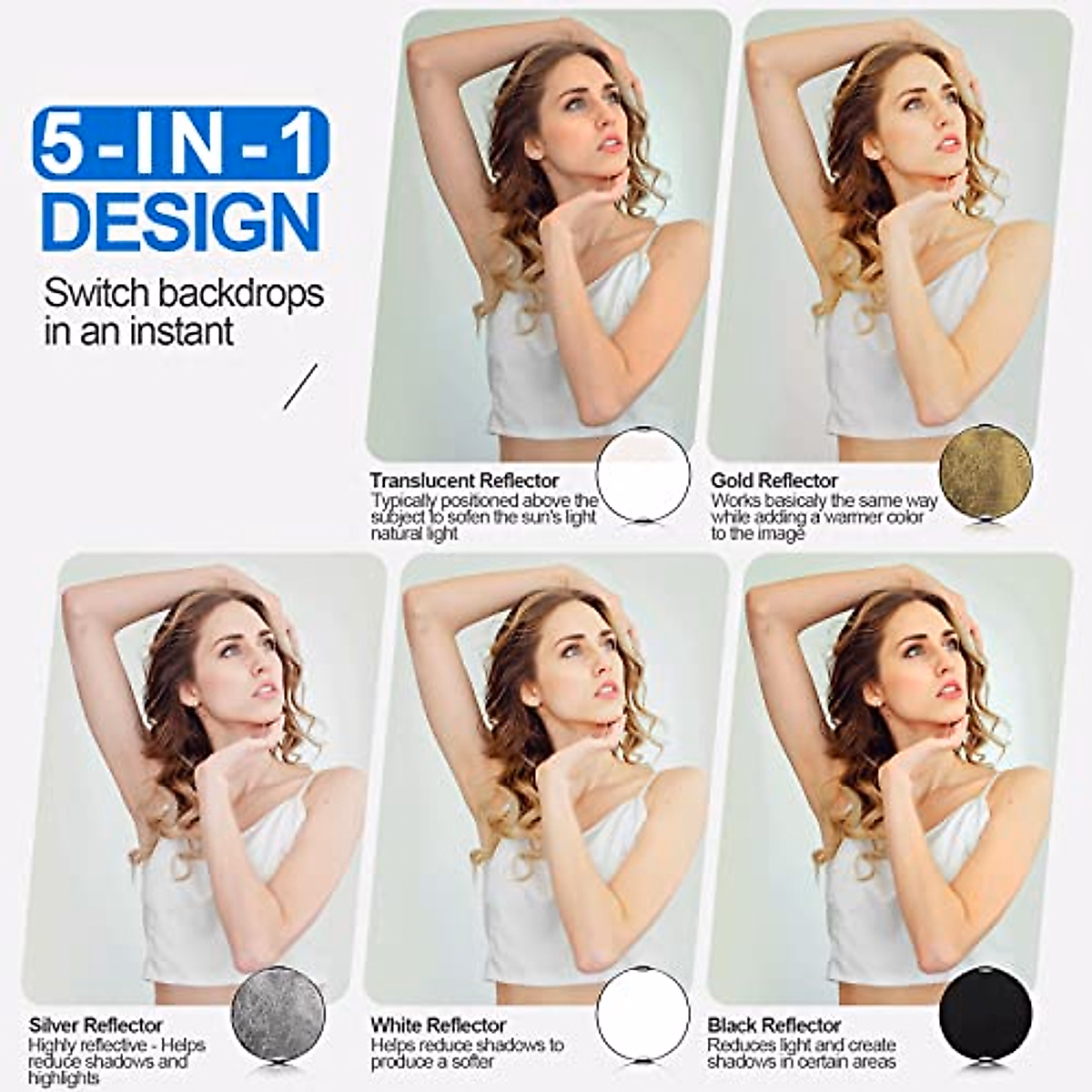 WELLMAKING 32 Inch (80cm) Reflector Photography, Collapsible Light Reflector with Bag & tilt Adapter, 5 in 1 Handle Reflector for Studio & Outdoor Lighting -Translucent, Silver, Gold, White and Black