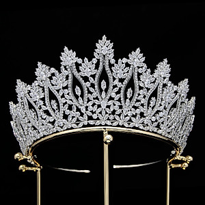 QXMYOO Luxury Wedding Tiaras for Bride Cubic Zirconia Big Tall Crown Quinceanera Crystal Headband for Women CZ Pageant Birthday Prom Party Headpiece Bridal Hair Accessories Silver (Silver)
