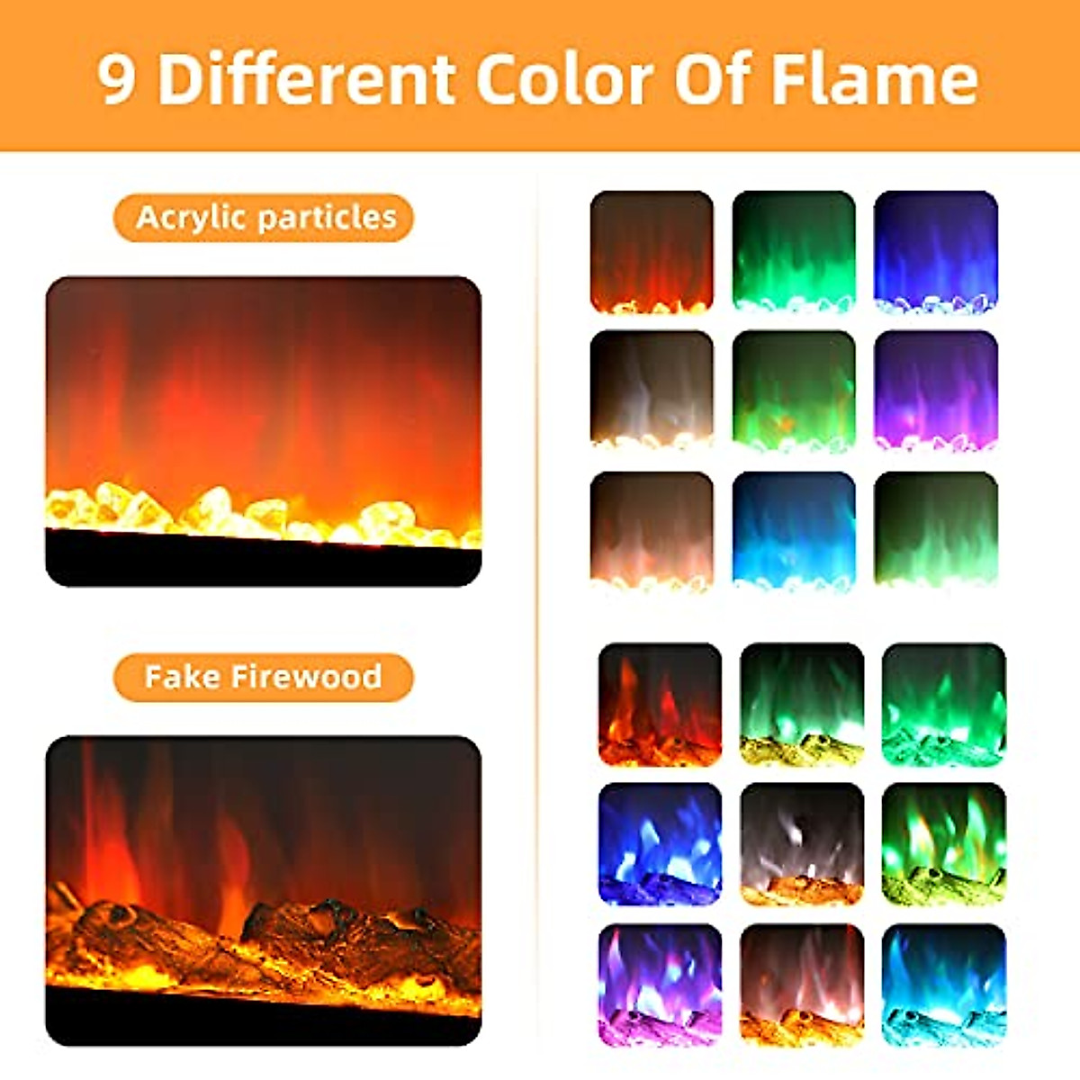 SANHSEHOME 60 Inch Electric Fireplace Inserts Wall Fireplace Electric with Remote Control Electric Fireplace Wall Mounted Recessed with Fake Log & Crystal 1-8h Timer 750W/1500W, 9 Flame Colors 5.7" W