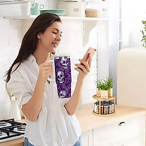 40 oz Car Tumbler Cup with Handle and Straw Lid for Water,Iced Tea or Coffee Purple Rose Skull Travel Mug Home Work Office Stainless Steel Water Bottle