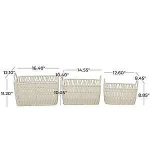 CosmoLiving by Cosmopolitan Cotton Fabric Handmade Storage Basket with Handles, Set of 3 11", 10", 9"H, White