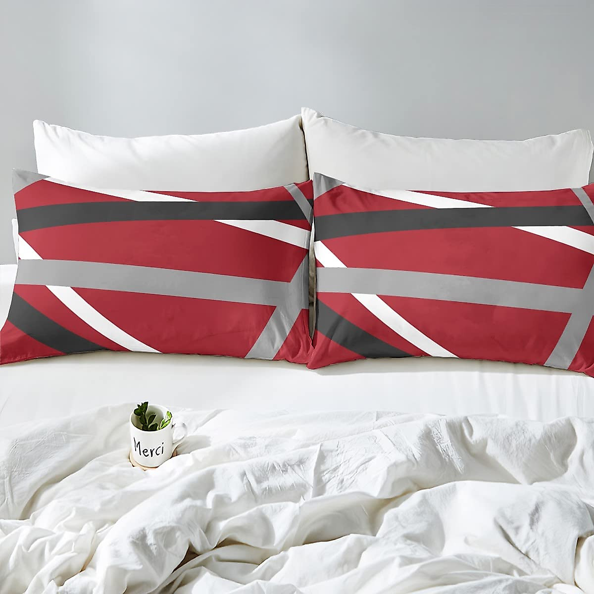 Erosebridal Red Grey White Geometry Lines Duvet Cover Queen,Bold Stripes Comforter Cover,Geometric Lines Bedding Set,Abstract Graphics Quilt Cover with 2 Pillow Shams for Adult Youth Bedroom Decor
