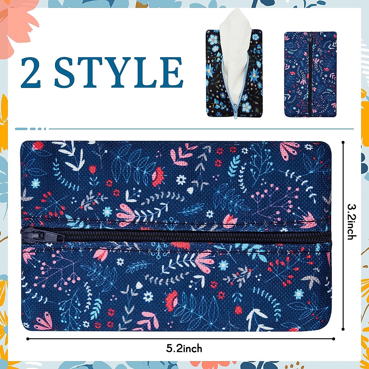 Kigeli 2 Pieces Purse Tissue Holder Travel Tissue Pouch for Purse Fabric Zipper Enclosed Pouches Reusable Flower Pattern Paper Holder for Coins, 5.25 x 3 Inches(Rustic Floral Print)