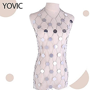 Yovic Boho Silver Body Chain Sexy Sequins Bra Chains Bikini Dress Chest Chain Harness Halter Backless Top Rave Nightclub Party Body Jewelry for Women and Girls(D)