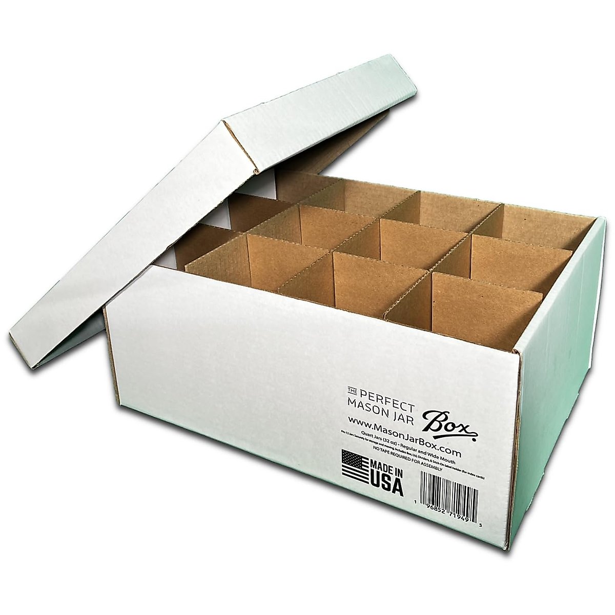 The Perfect Mason Jar Box, Quart. Set of 3 Cardboard Canning Jar Storage & Moving Boxes. Each Box Holds 12 Quart-Size Jars (32 oz), No Tape Required