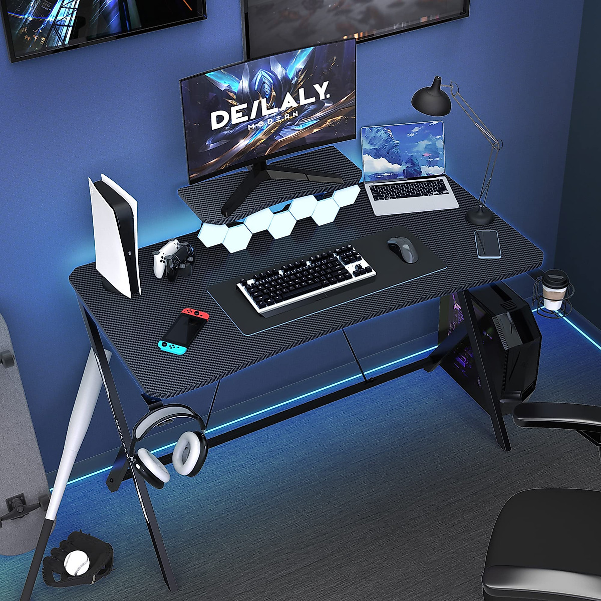 DEILALY 45IN Gaming Desk Gamer Table Carbon Fiber Surface Computer Table Gamer Desk with Monitor Shelf Office Home Study Desk Work PC Table Steel Legs Corner Desk Black