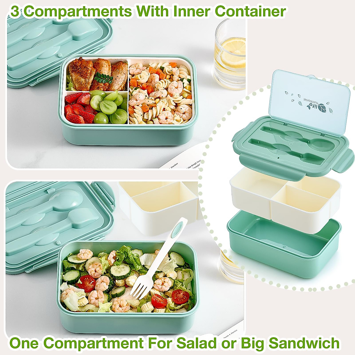Mfacoy 3 Pack Bento Boxes for Adults/Kids, 1100 ML Bento Lunch Box With Spoon & Fork, Lunch Box Containers, Bento Box for Dining Out, Work, Picnic, BPA-Free, Microwave & Dishwasher Safe