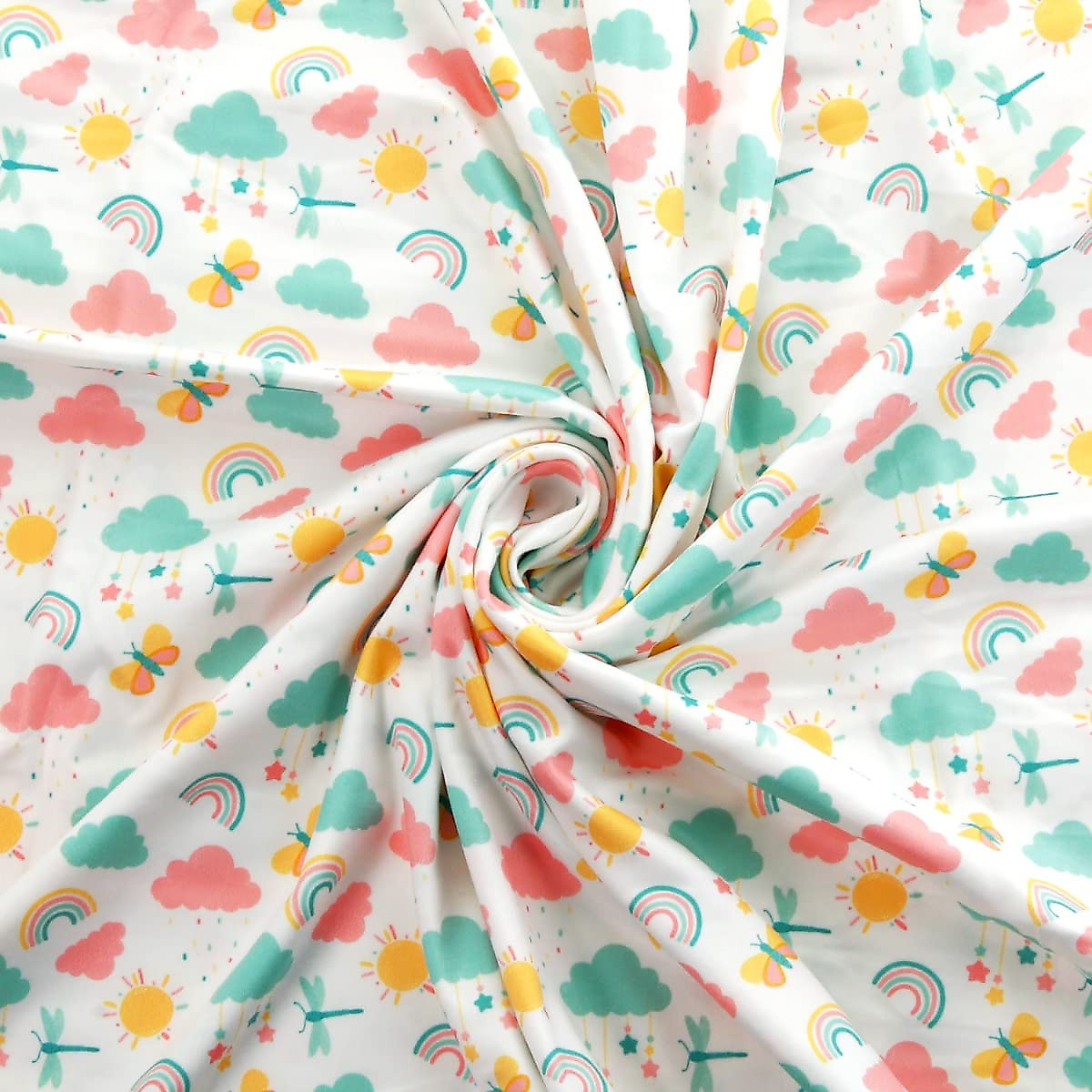 Pastel Rainbows and Butterflies DBP Fabric - Double Brushed Polyester 4 Way Stretch - 1 Yard