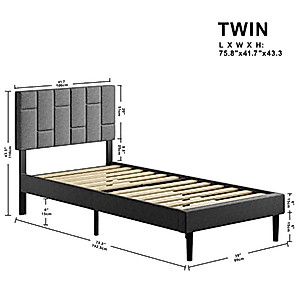 LIKIMIO Twin Bed Frame with Headboard, Modern Upholstered Platform Bed with Headboard and Wood Slat Support, Noise-Free, No Box Spring Required, Easy Assembly, Grey