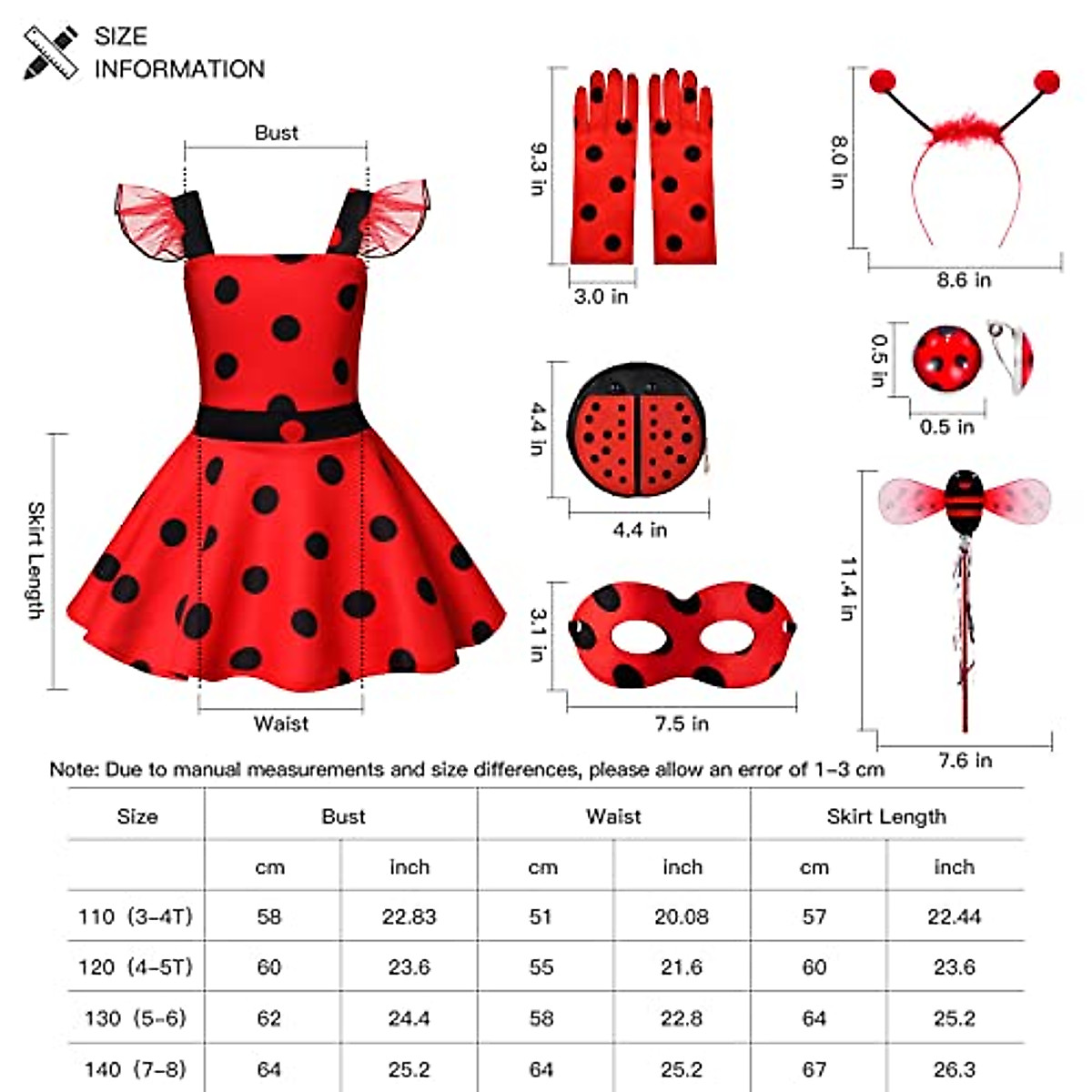 Ladybug Dress Costume for Girls with Polka Dots Tutu Dress Halloween Birthday Dress Up Pretend Play for Kids 3-8 (4-5T)