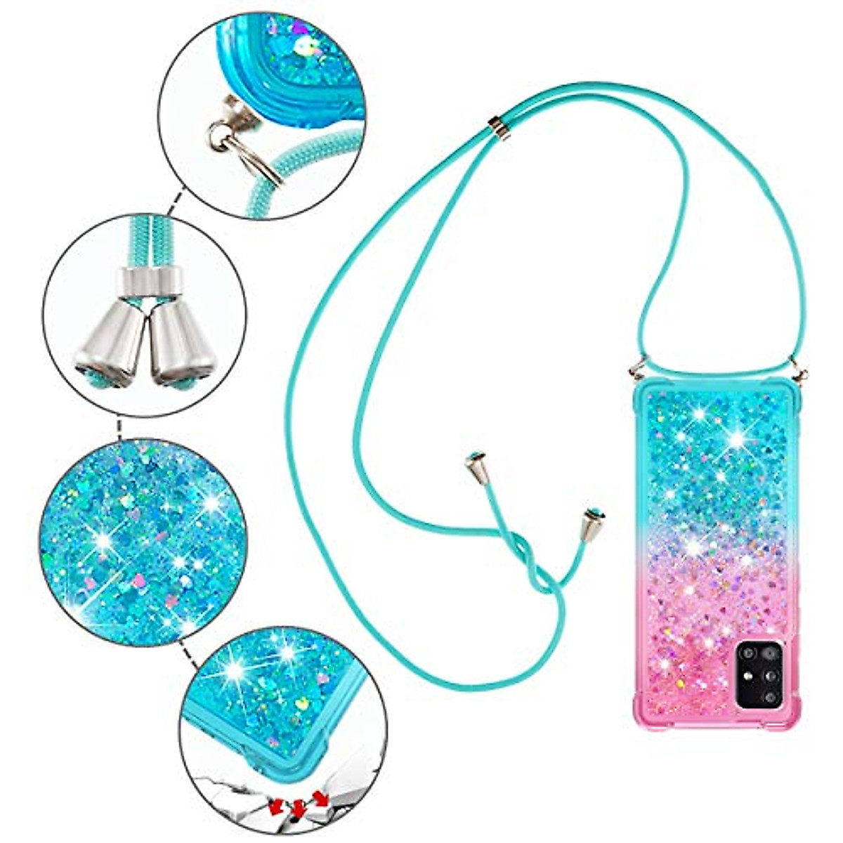 Redmi Note 9S Case,Redmi Note 9 Pro/Note 9 Pro Max Case,Gift_Source Bling Glitter Liquid Soft Cover Shockproof Case with Lanyard for Xiaomi Redmi Note 9S/Note 9 Pro/Note 9 Pro Max 6.67"[Pink/Sky Blue]