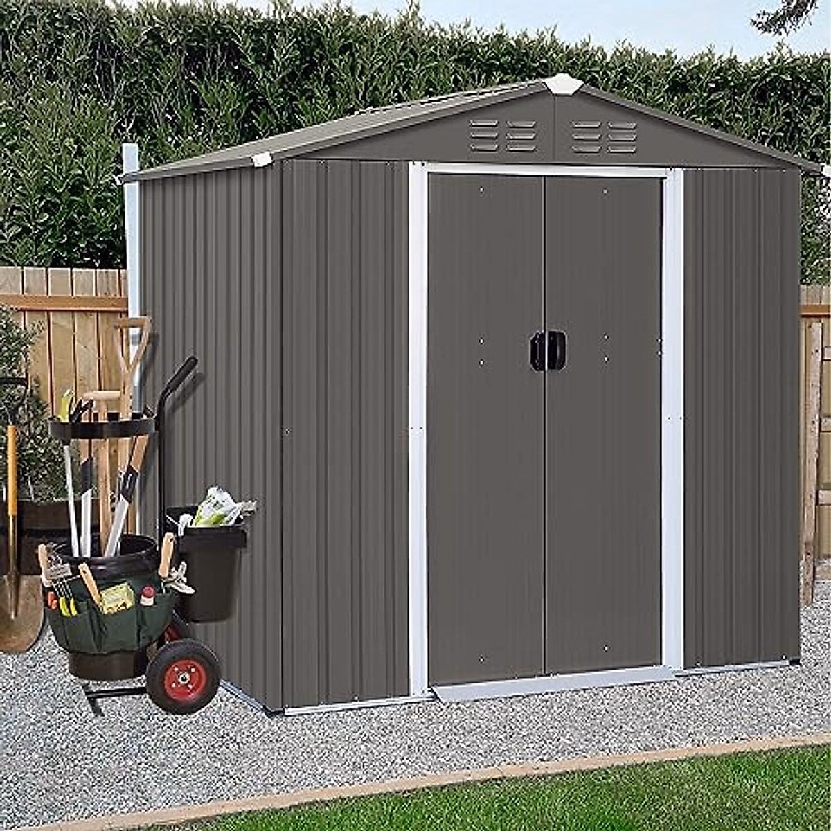 MIRAFIT 6x4 Ft Storage Shed, Galvanized Steel Sheds & Outdoor Storage Cabinet with Sliding Door, Garden Metal Shed for Tool, Bike, Lawn Mower, Backyard, Patio, Olive Gray