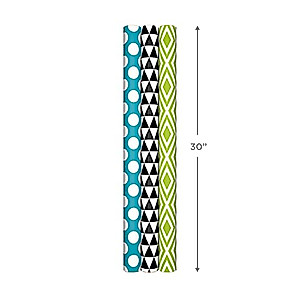 Hallmark All Occasion Reversible Wrapping Paper (3 Rolls; 75 sq. ft. ttl) Black and White Triangles, Dots Blue, Lime Green Diamonds, Solid Yellow, Orange, Blue for Birthdays, Halloween, Father's Day