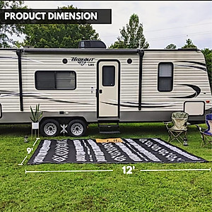 Glamplife Recycled Plastic Rug, 9x12 Rv mat, Black and White Camping Rugs for Outside Your RV, Large Indoor Outdoor Rugs for Awnings, Patio Rug, Outdoor Carpet Waterproof
