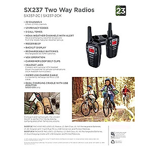 Uniden SX237-2CK Up to 23-Mile Range FRS Two-Way Radio Walkie Talkies with Rechargeable Batteries & Dual Charging Cradle, 22 Channels, 121 Privacy Codes, NOAA Weather Channels + Alerts, Black