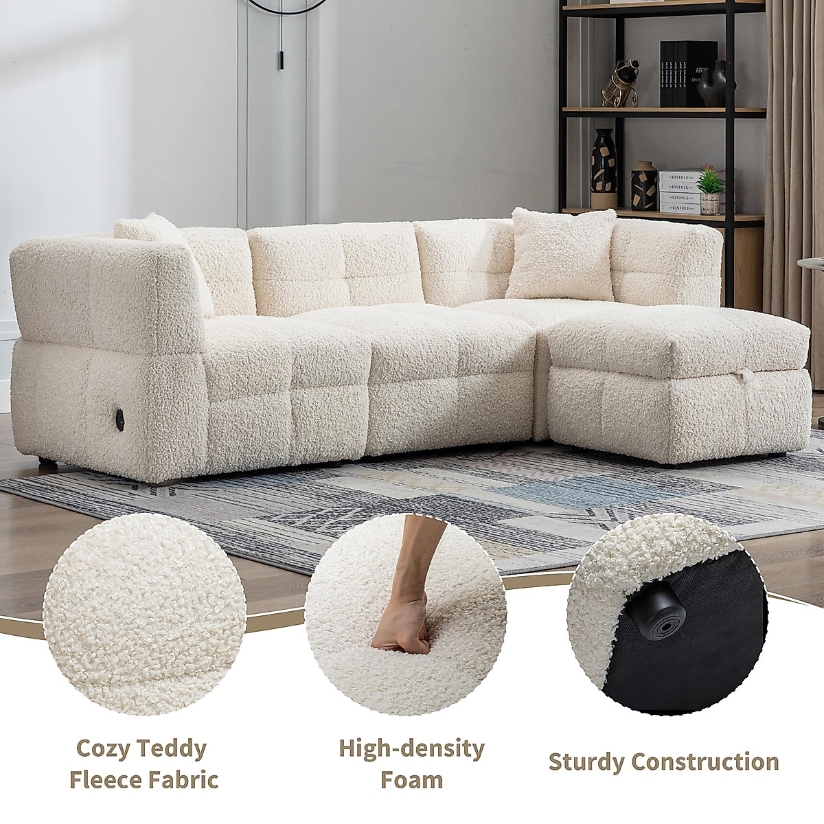 LUMISOL Large Sectional Sofa with Movable Storage Ottoman and 2 USB Ports, Teddy Fleece Fabric Sectional Sofa Couch with Lumbar Pillows, L-Shaped Sofa Couch for Living Room Apartments, Creamy White