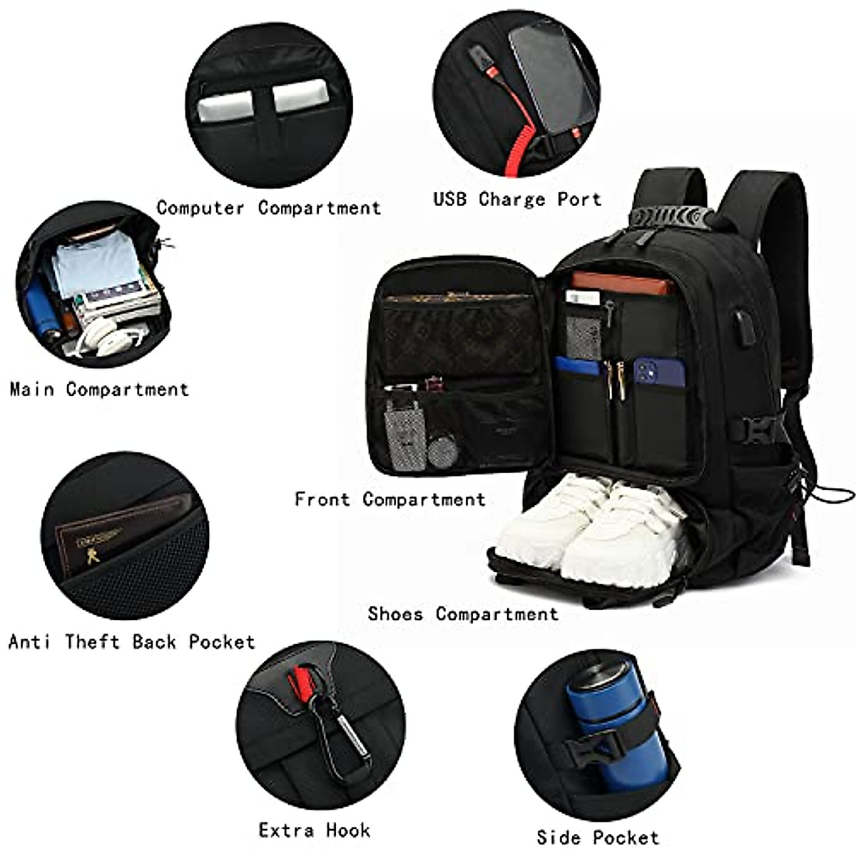 INSAVANT Travel Backpack for Mens 18.3 Inch with Laptop Sleeve and Shoe Compartment, Computer Backpacks with USB Charging Port, Durable Hiking Work Business Daypack for Women