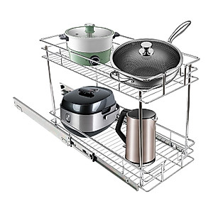 Gagalayong Under Sink Organizers and Storage, Pull Out Cabinet Organizer, 2-Tier Slide Out Kitchen Basket Sink Shelf Cabinet Organizers Adjustable L Shape Counter Organizers (10.5" W X 21.5" D)