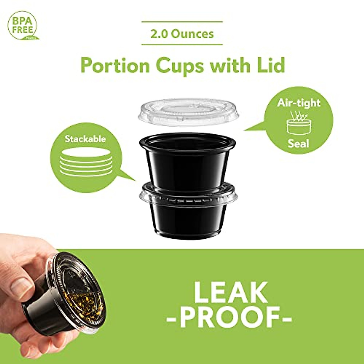 {2 oz - 100 Sets} Black Diposable Plastic Portion Cups With Lids, Small Mini Containers For Portion Controll, Jello Shots, Meal Prep, Sauce Cups, Slime, Condiments, Medicine, Dressings, Crafts, Disposable Souffle Cups & Much more