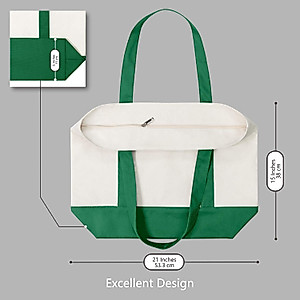 TOPDesign 1-Pack Canvas Tote Bag with an External Pocket, Reusable Grocery Shopping Bag, Top Zipper Closure, Daily Essentials (Green/Natural)
