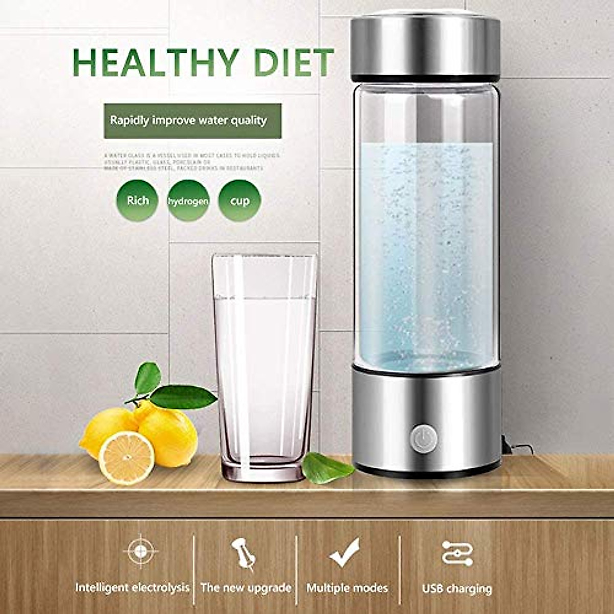 Hydrogen Rich Health Cup Alkaline Ionizer Generator USB Rechargeable Electrolysis Generator Ionization Bottle Weak Alkaline Cup Anti-Oxidation and Anti-Aging Glass Health Cup