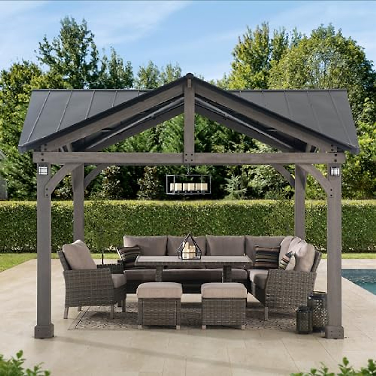 Sunjoy 13.5 x 13.5 ft. Hardtop Gazebo Outdoor Patio Black Steel Gazebo with LED Lights, AC Outlet, USB Port and A 3-Meters Universal Power Supply Cable, Black