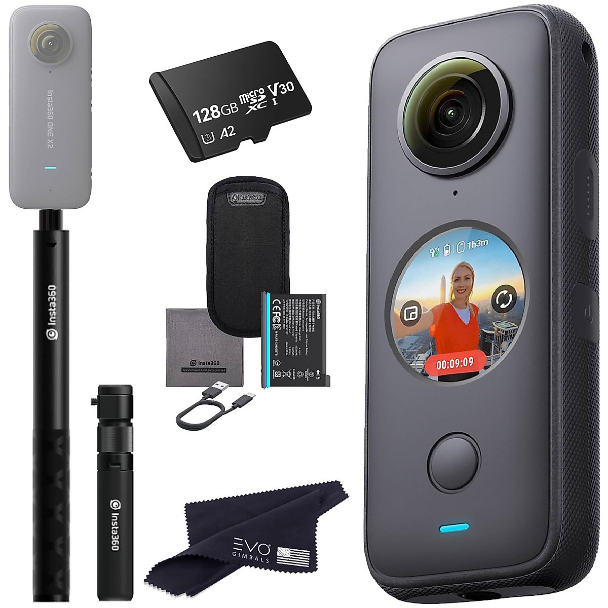 Insta360 ONE X2 360 Camera with Touchscreen - 5.7K30 360 Video, Front Steady Cam Mode, 18MP 360 Photo + InstaPano | Bundle Includes Bullet Time Kit & 128GB Memory Card (3 Items)