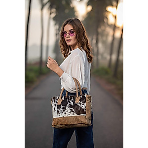 Myra Bag Black & White Cowhide & Leather Handbag S-1314, 13.5" W x 10" H x 4" D