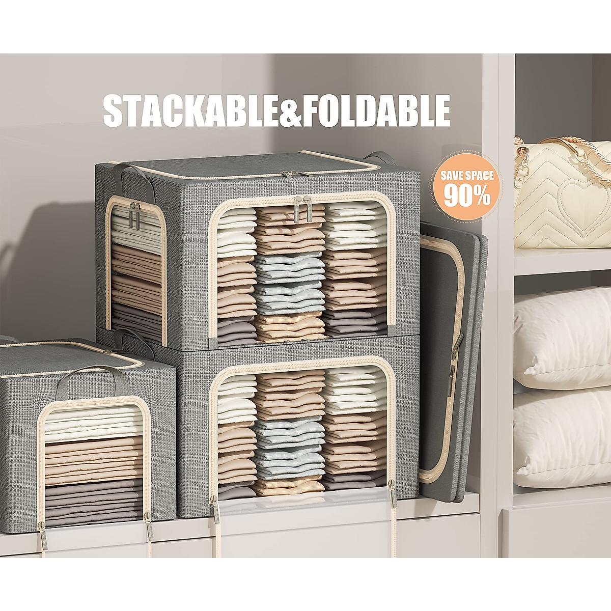 3 Openings Clothes Storage Bins with Metal Frame, Foldable Storage Bin for Clothes, Clothing Storage Bins with Lid, Linen Storage Box With Clear Window＆ Zippers＆ Durable Handles.(3 Pcs,Light Grey,40L)