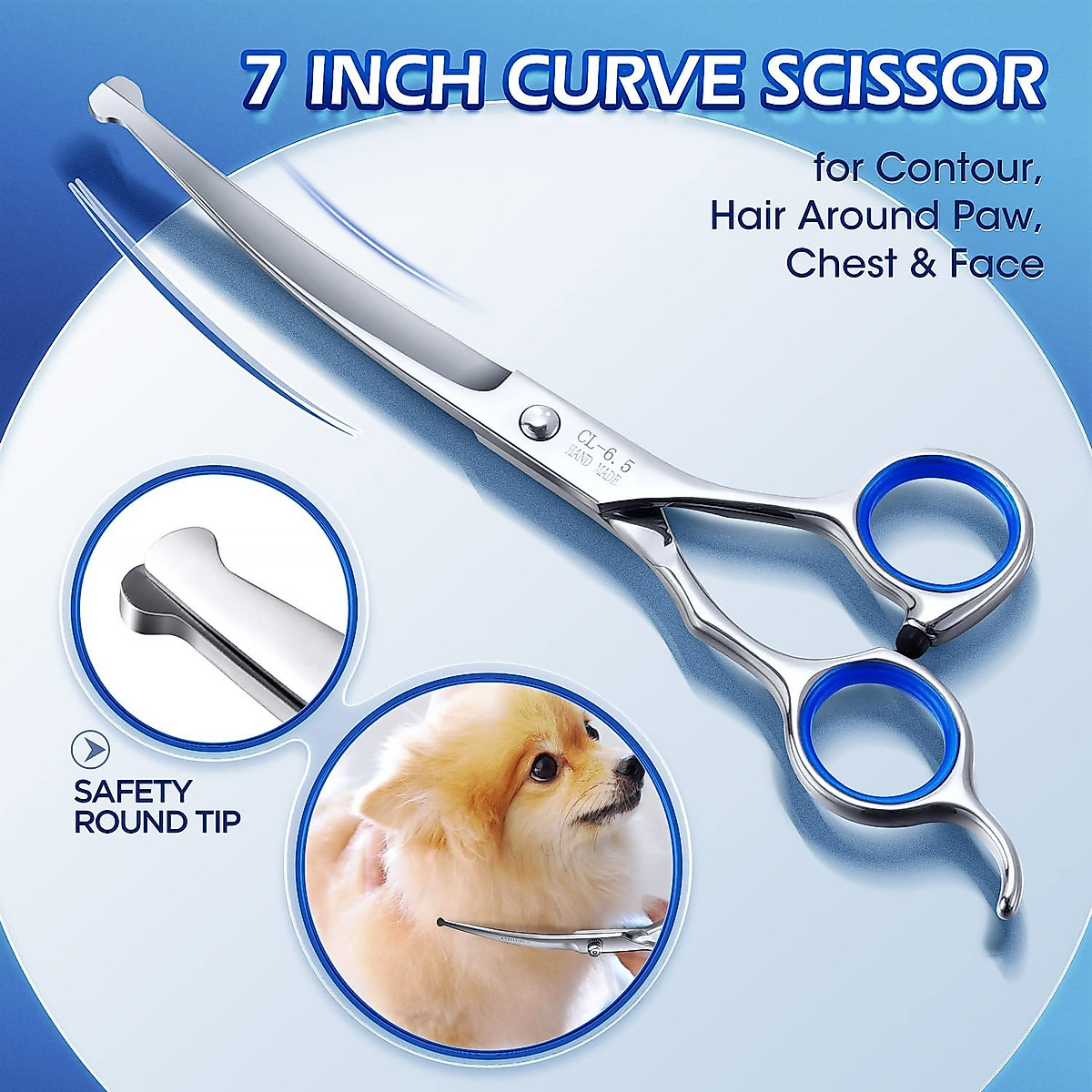 Gimars Professional Grooming Scissors for Dogs 4CR with Safety Round Tip, 5 in 1 Heavy Duty Titanium Coated Straight & Thinning & Curved Shears