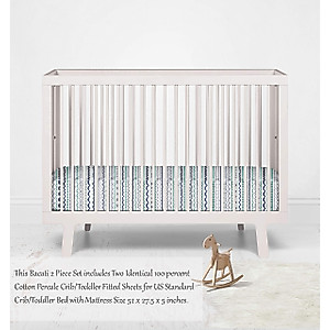 Bacati - 2 Pack NOAH Tribal Boys 100% Cotton Soft Breathable Percale Universal Baby US Standard Crib or Toddler Bed Fitted Sheets (Garland, Mint Navy)