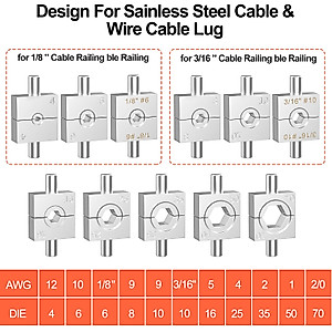 CKE Upgraded 10 Ton Hydraulic Cable Crimper Hand Tool for 1/8, 3/16 Stainless Steel Cable Railing Fittings - Heavy Duty Head with 9 Dies and Cable Cutter
