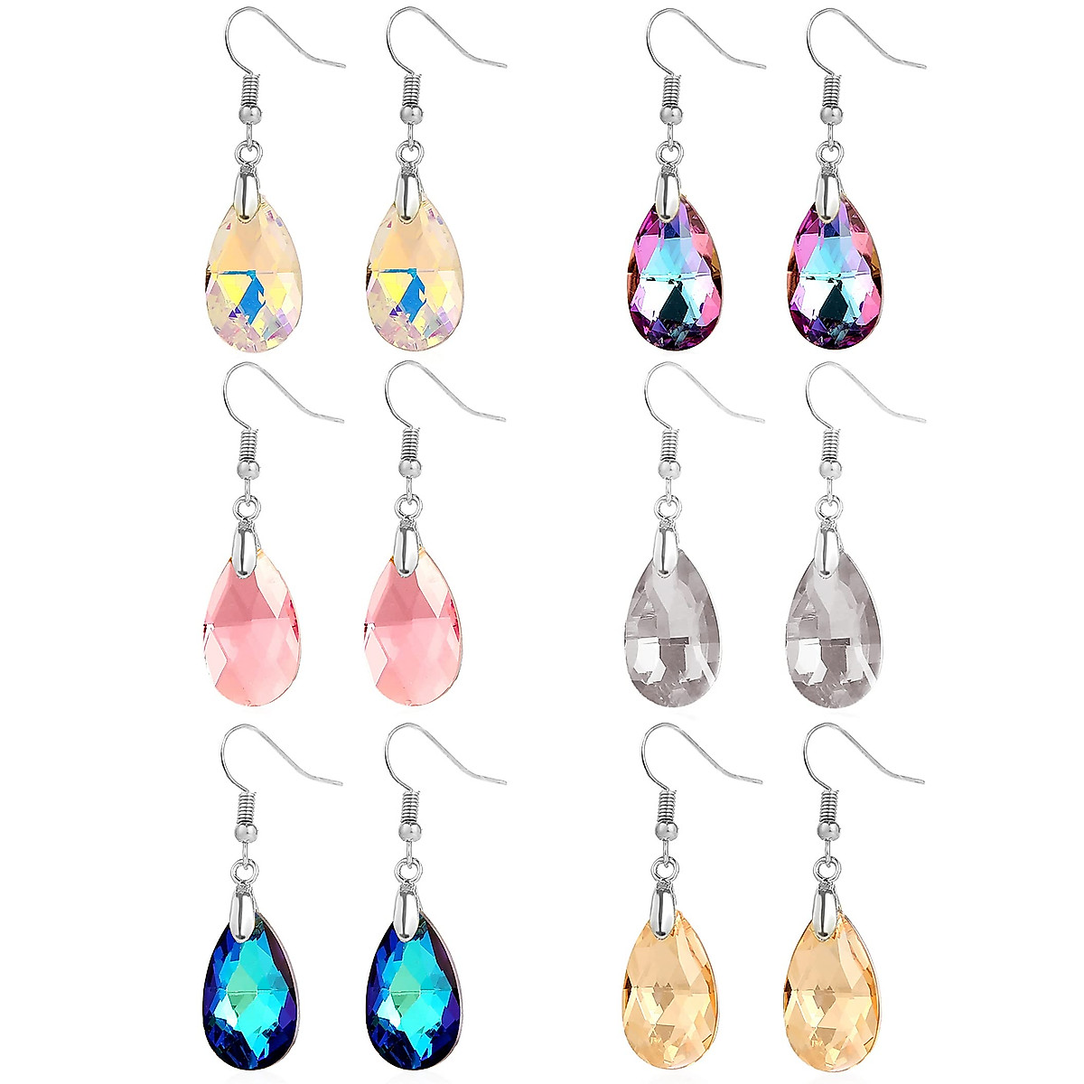 Akeoqi 6 Pairs Leverback Dangle Earrings Set Multi-color Tear Drop Cubic Zirconia Dangle Earrings For Women