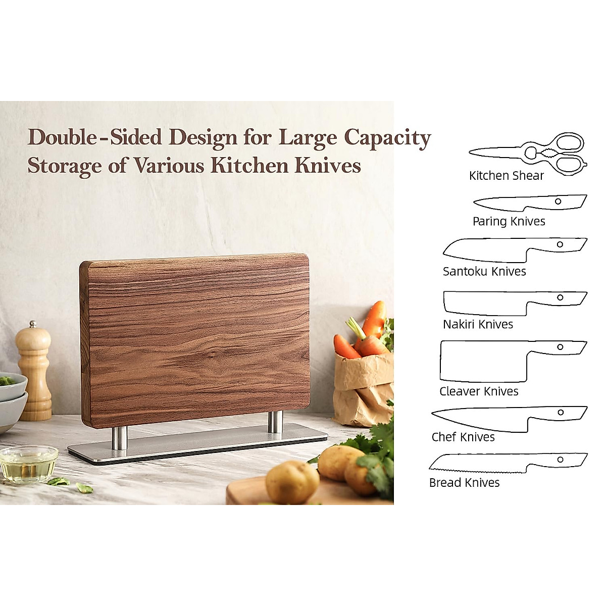 XINZUO Magnetic Knife Block,Natural Walnut Knife Holder Stand for Counter Top,with Strong Magnets,Double Sided Kitchen Knife Storage Rack
