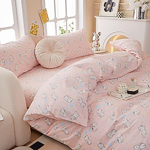 MKXI Queen Size Pink Floral Duvet Cover Cute Cats Duvet Cover for Girls White Cat Pattern Kids Bedding Set Pink Cartoon Comforter Cover for Children
