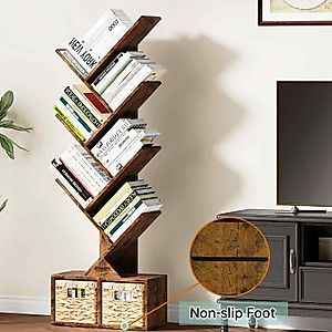 Vagusicc Tree Bookshelf, 6 Tier Bookshelf with Storage, Tall Narrow Bookcase, Rustic Wood Book Storage Rack for CDs/Books, Small Book Organizer Shelves for Bedroom, Living Room, Home Office, Brown